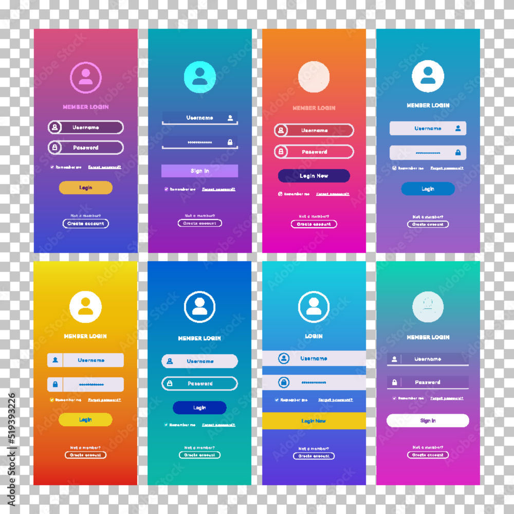 Vector login form page set isolated on transparent background for ...