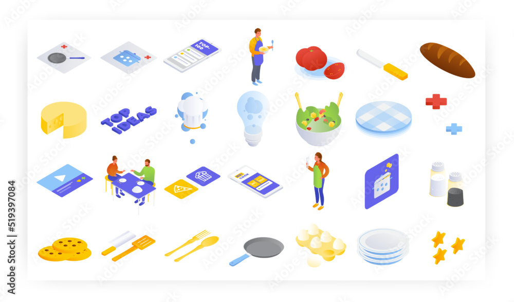 Top cooking ideas and no cook dinner ideas, vector isometric icon set ...