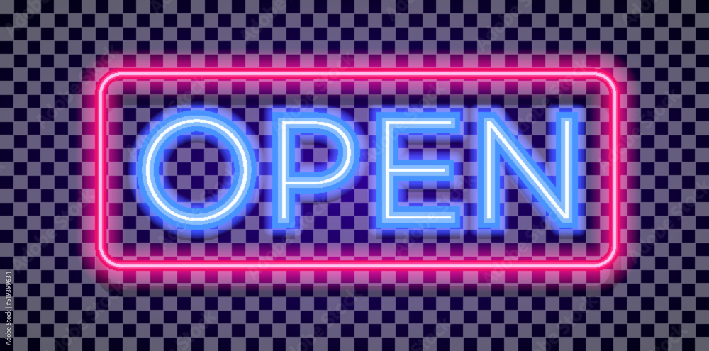 Vector neon open sign light style with colorful red frame on ...