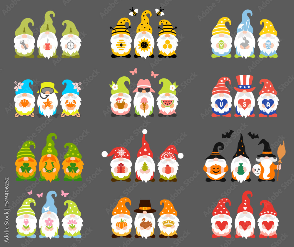 Set of holiday gnomes. Funny designs for all occasions and seasons ...