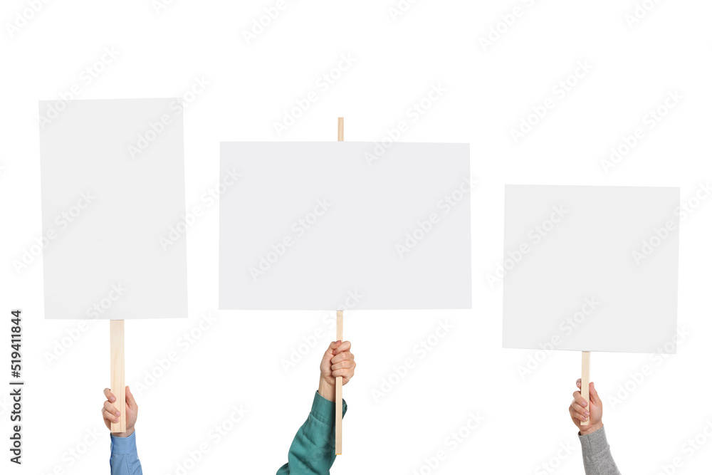 Group of people holding blank protest signs on white background ...