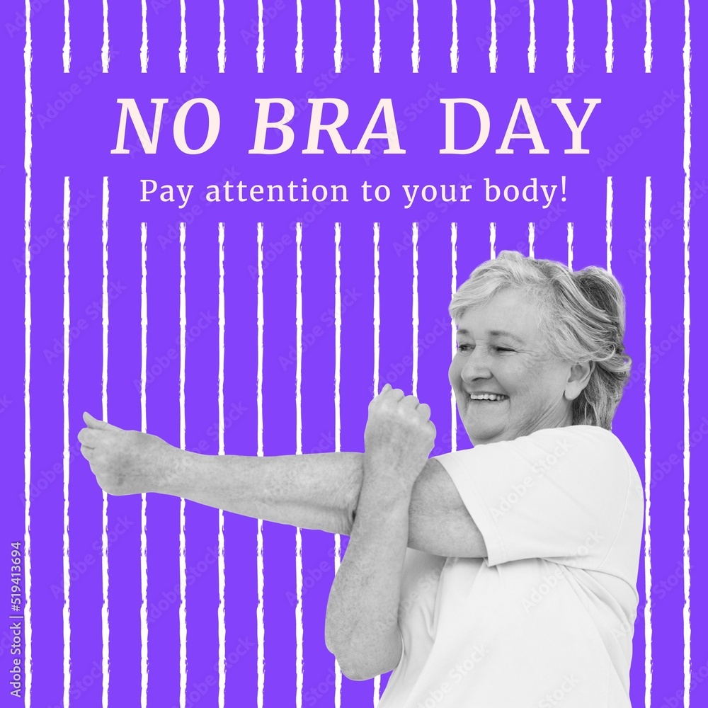 Image of no bra day over violet background and happy caucasian senior ...