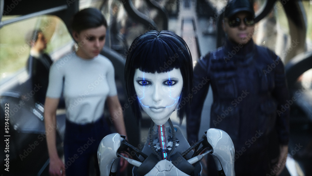 Female robot in flying futuristic train. Futuristic city. flying car ...