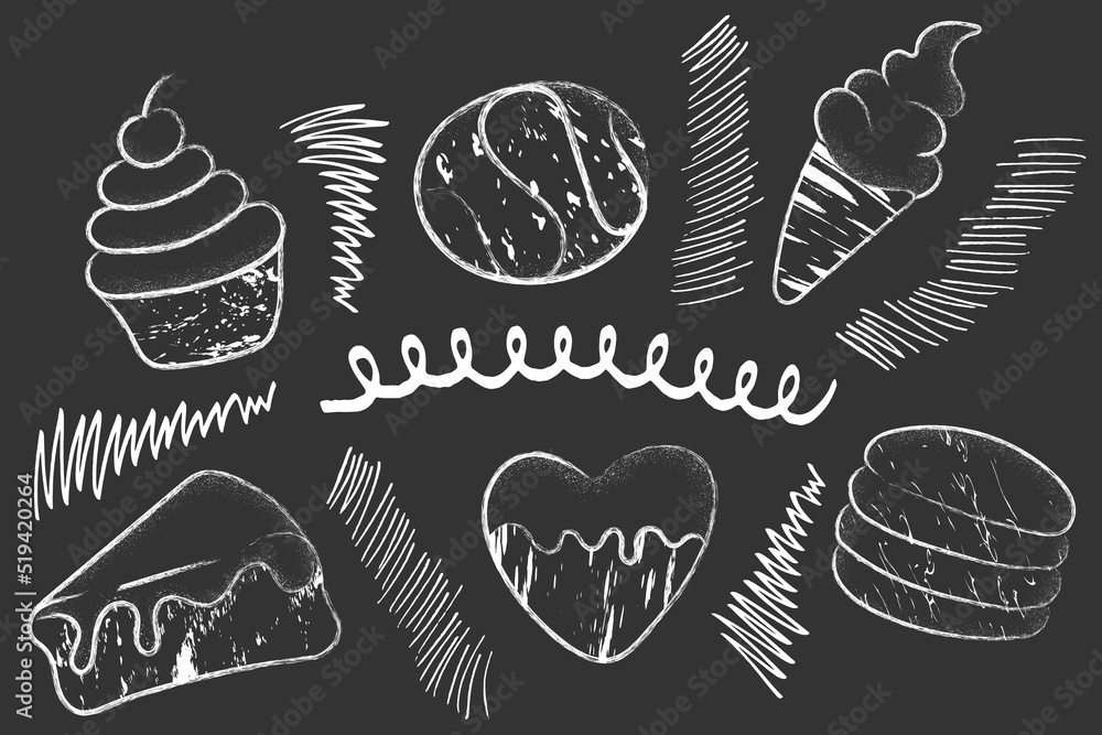 Doodle foods set of vintage style. Elements of packaging, wallpaper ...