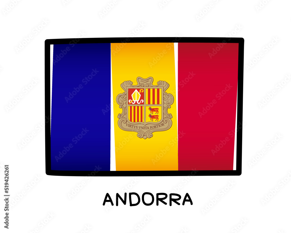 Flag of Andorra. Colorful Andorran flag logo. Blue, yellow and red hand ...