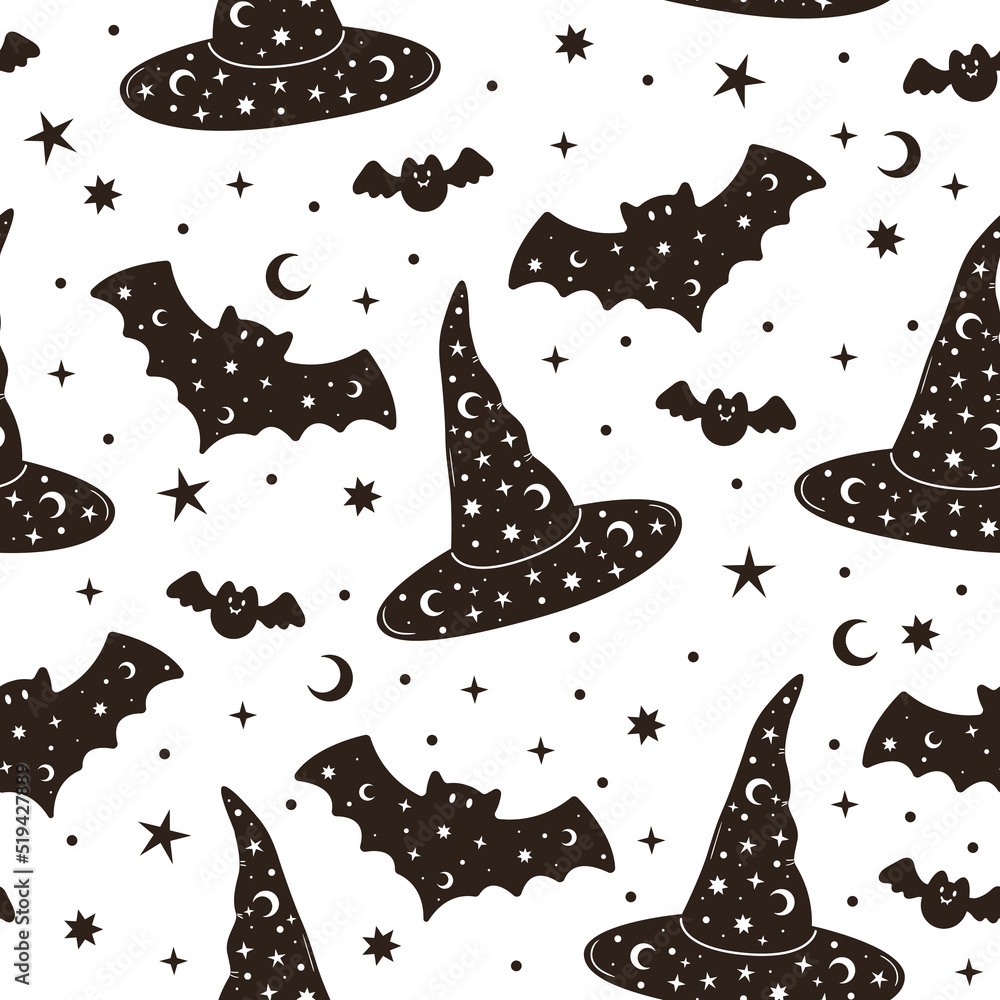 Seamless vector pattern with black witch hat and bat decorated with stars. Halloween background ...