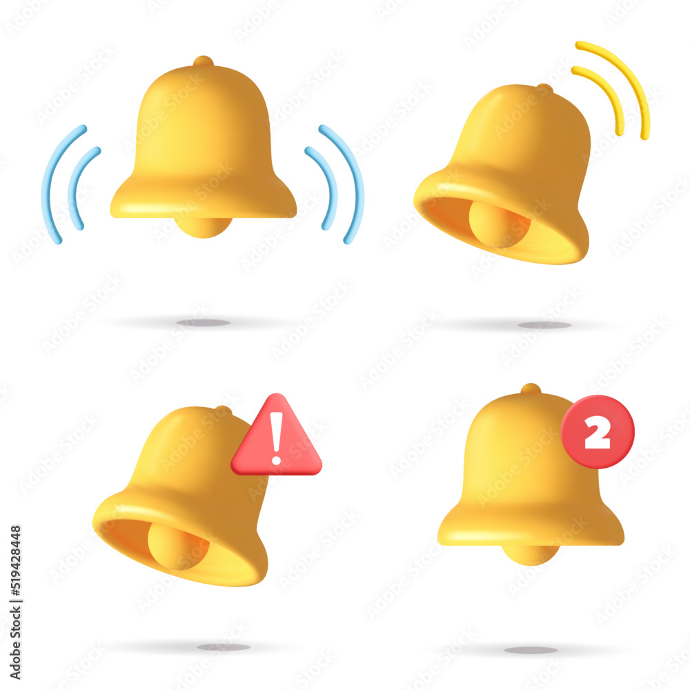 3d vector collection of yellow ring notification bell symbol design. 3d ...