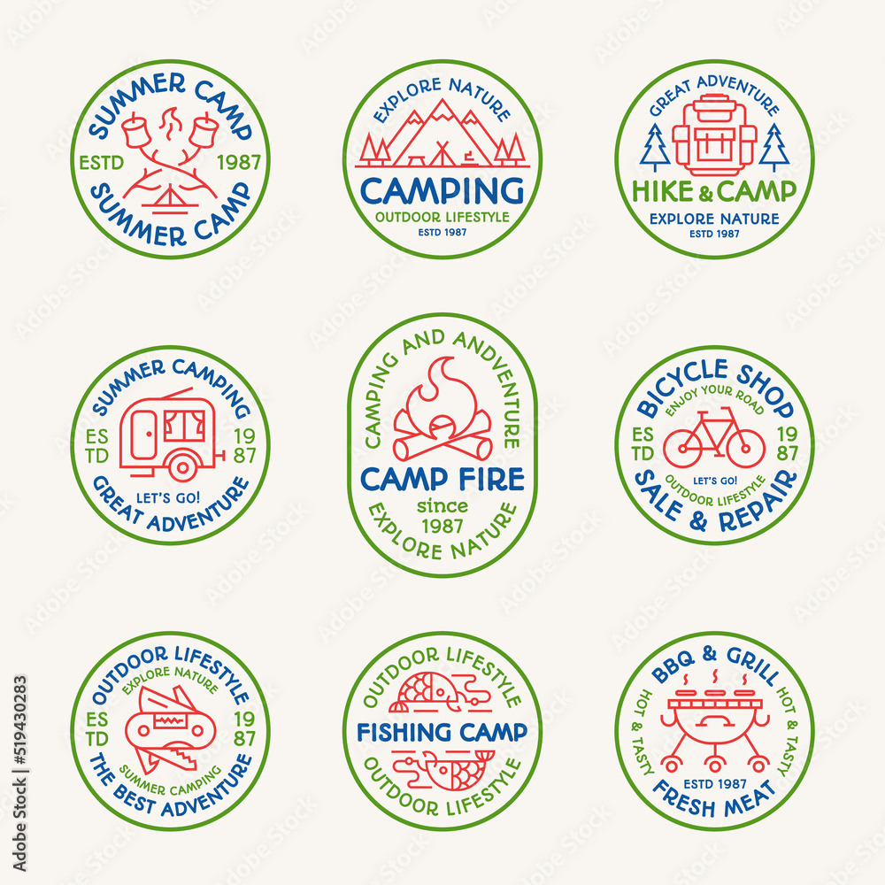 Camping emblem set color line style consisting of camper, mountain ...