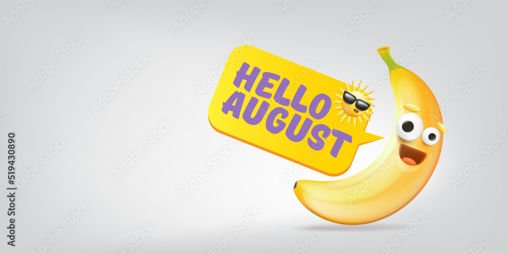 hello August horizontal banner with cartoon sun and funky banana ...