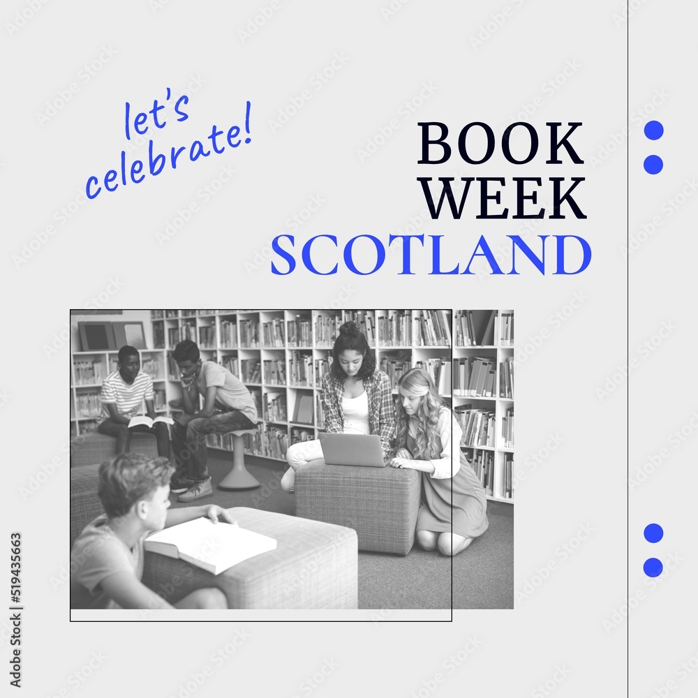 Composition of book week scotland text with diverse students reading ...