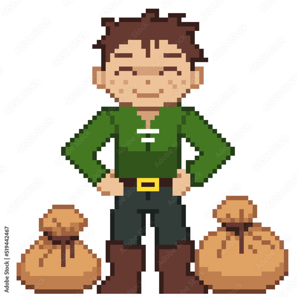 An 8-bit retro-styled pixel-art illustration of a cartoon merchant ...