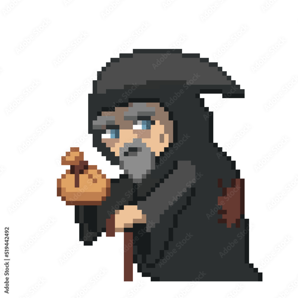 An 8-bit retro-styled pixel-art illustration of a hooded merchant. 素材庫 ...