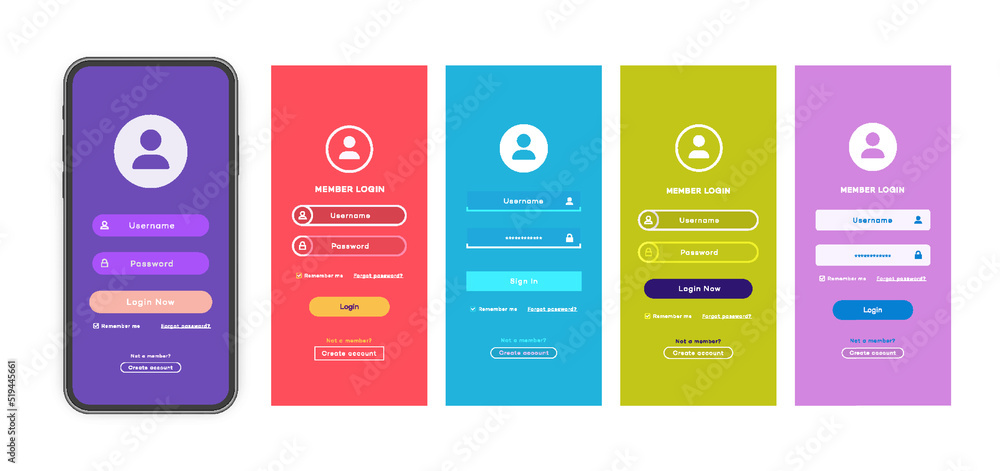 Login form page vector set with trendy flat color background for app ...