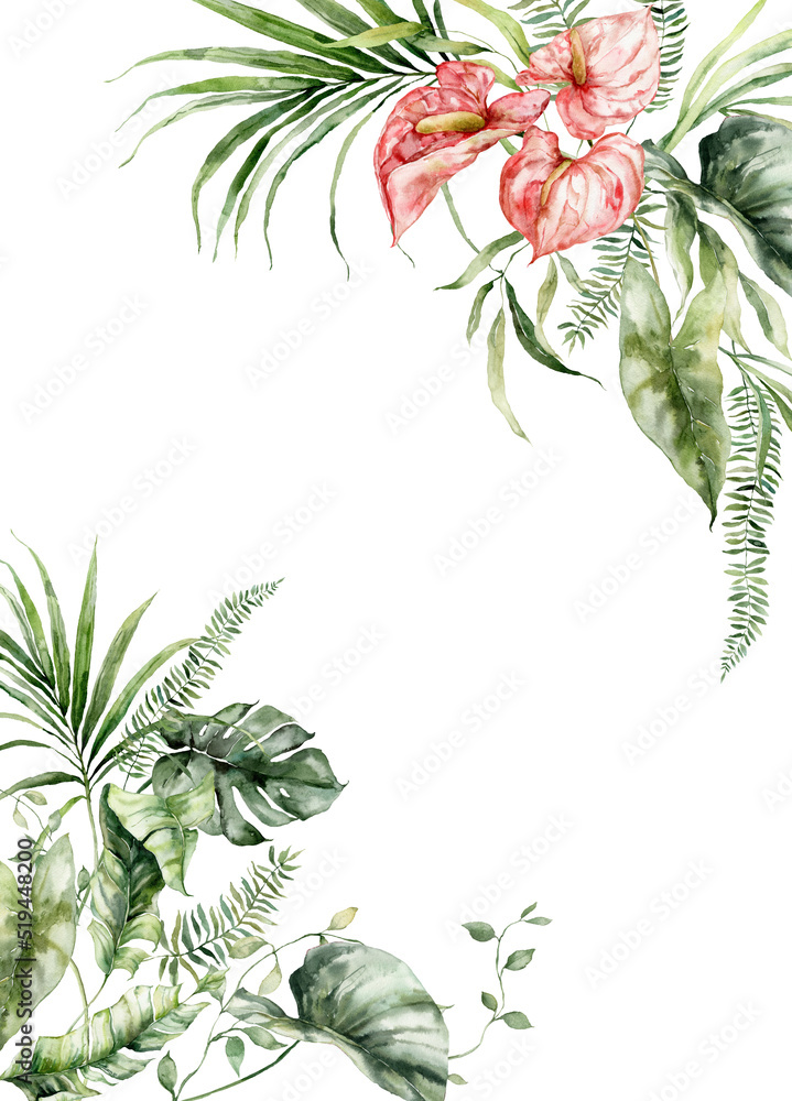 Watercolor tropical flowers border of anthurium, fern and monstera ...