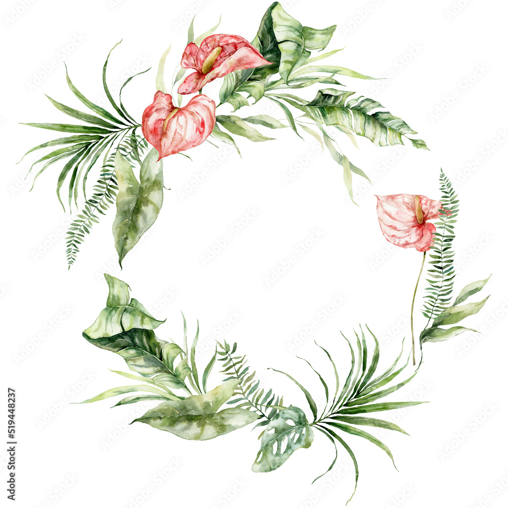 Watercolor tropical flowers circle frame of anthurium, monstera, banana ...