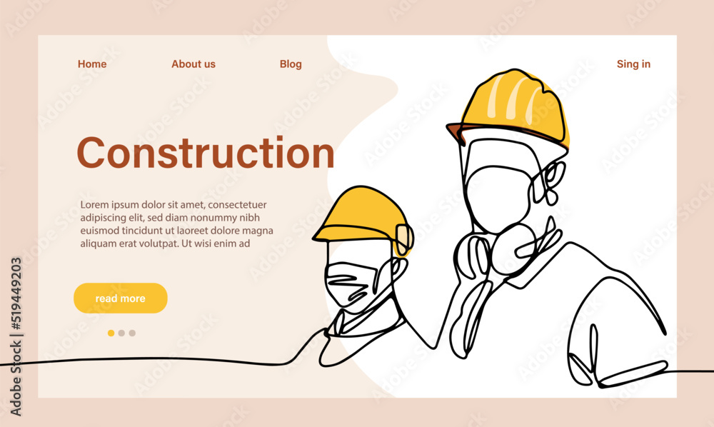 Vector landing page of architecture works with protective face masks ...