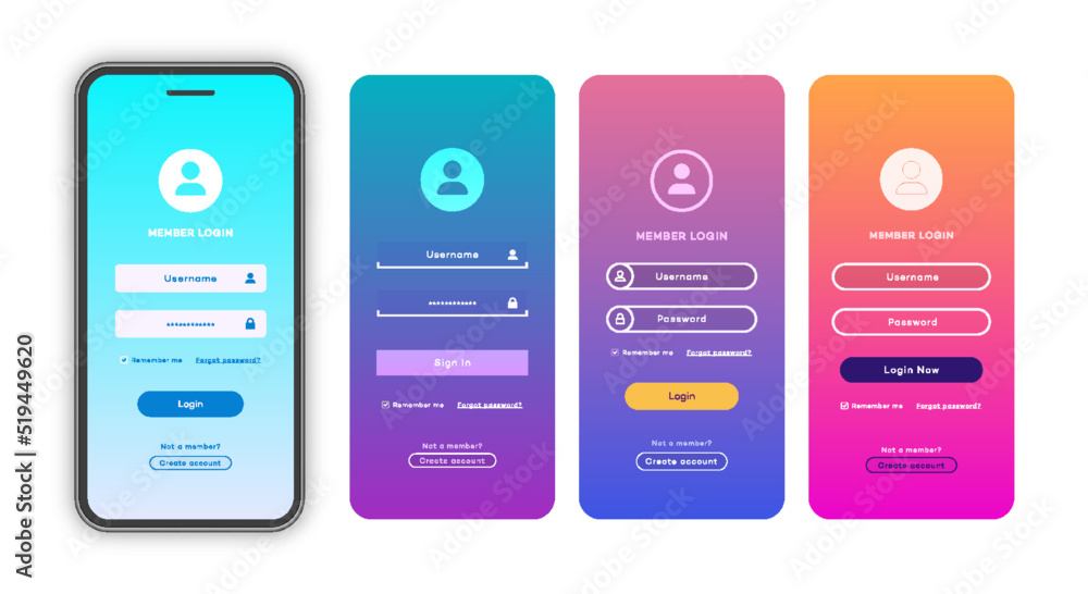Vector login form page template set on trendy gradient background for ...