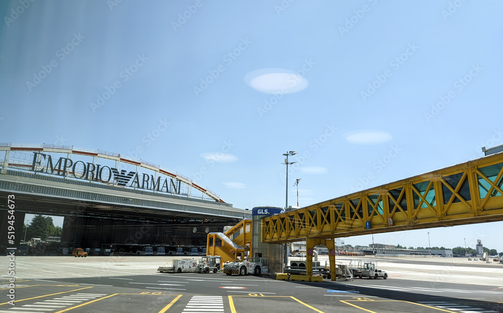LINATE AIRPORT, ITALY - CIRCA JUNE 2022: Emporio Armani iconic hangar ...