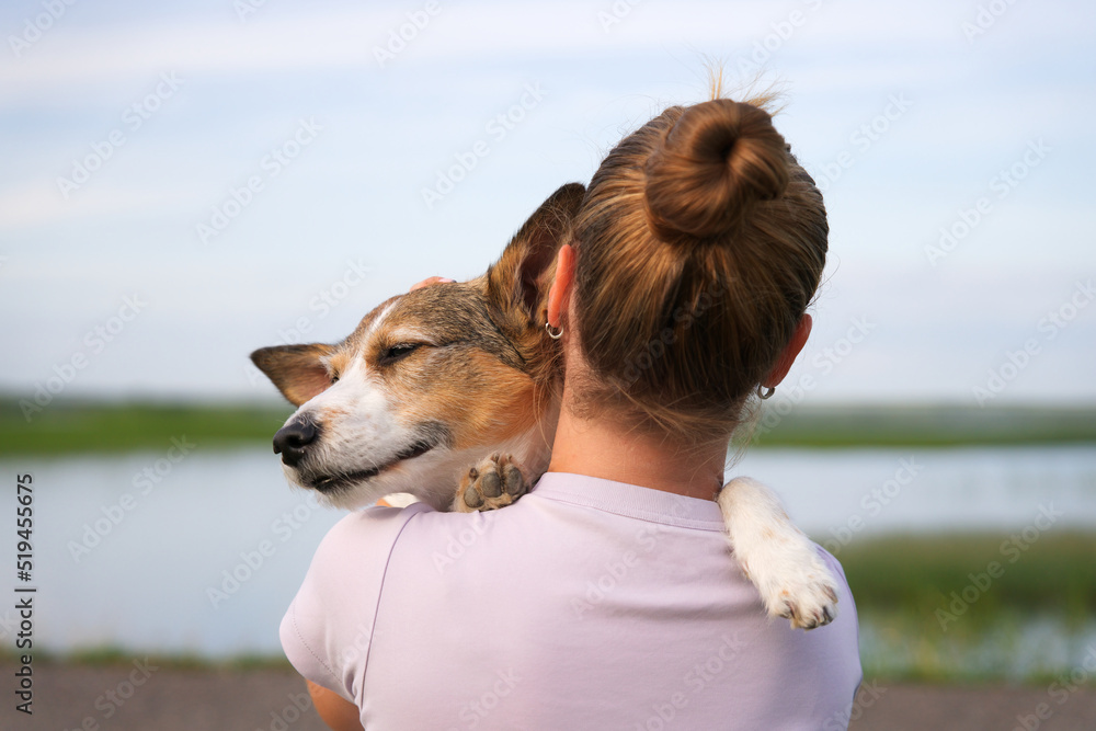 portrait of back of unrecognisable young woman, girl owner is hugging ...