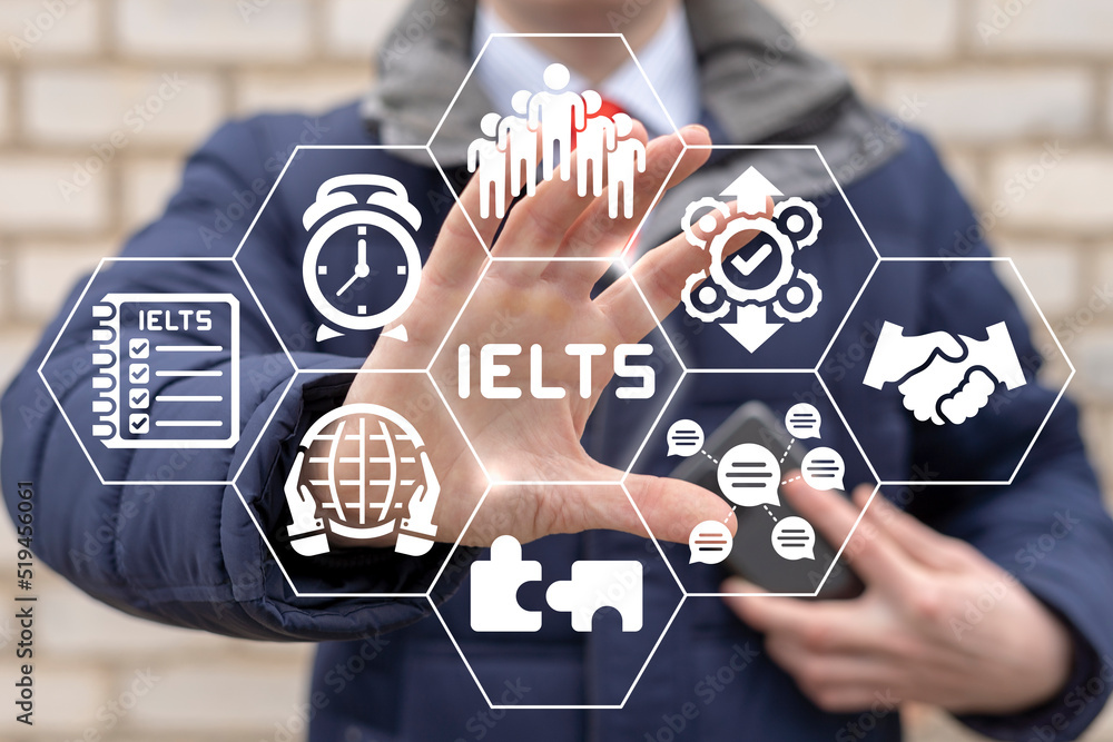 Man using virtual touchscreen represents IELTS banner. Concept of IELTS ...