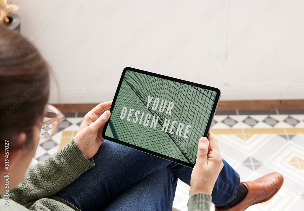 Woman Using Tablet Mockup Stock Template | Adobe Stock