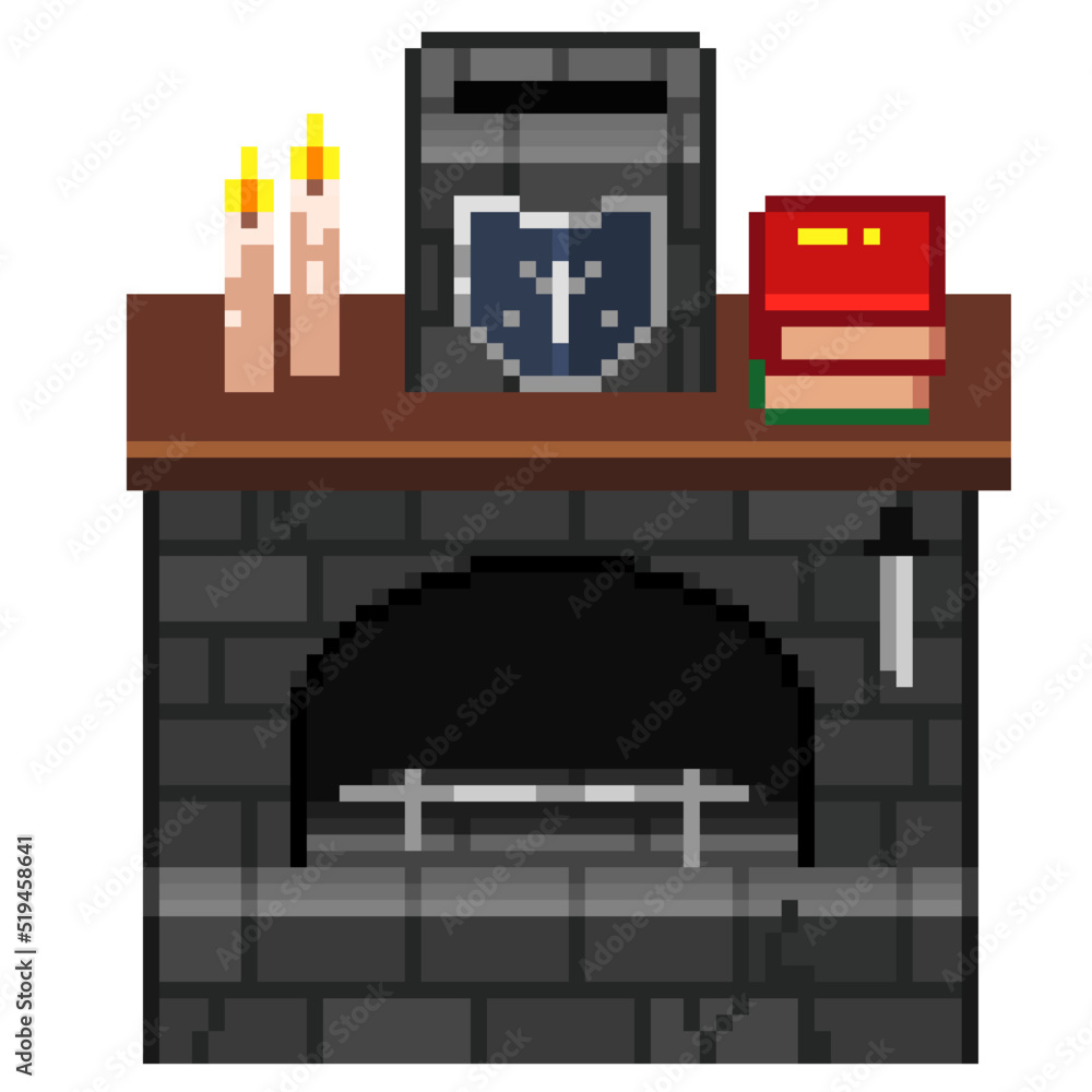 An 8-bit retro-styled pixel-art illustration of a fireplace. Stock ...