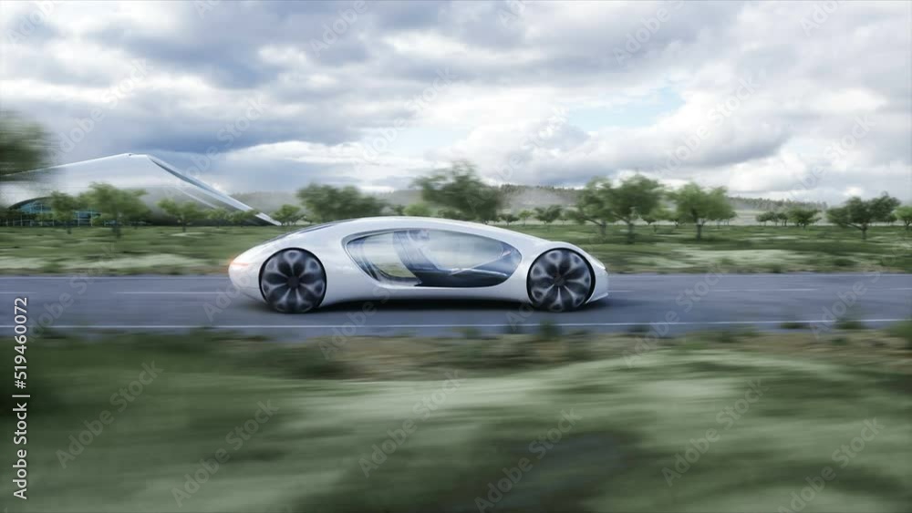 Futuristic electric car very fast driving on highway. Futuristic city ...