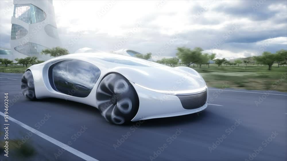Futuristic electric car very fast driving on highway. Futuristic city ...