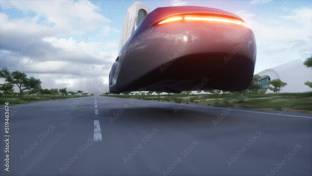 Futuristic flying car very fast driving on highway. Futuristic city ...