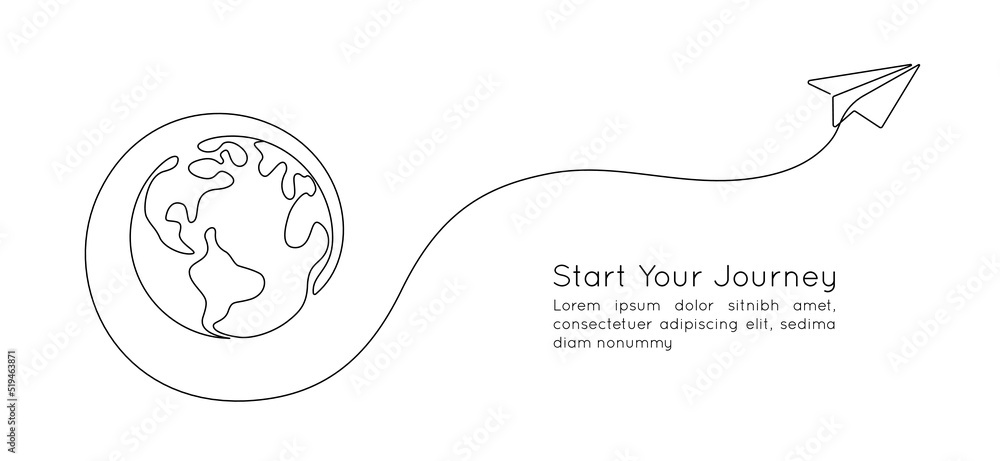 One continuous line drawing of Earth globe with paper airplane. Flight ...