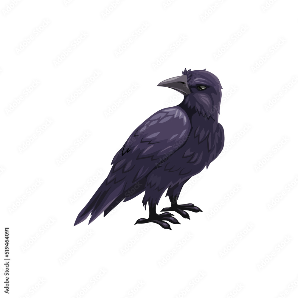 Black crow Halloween creepy character, raven bird, cartoon vector ...