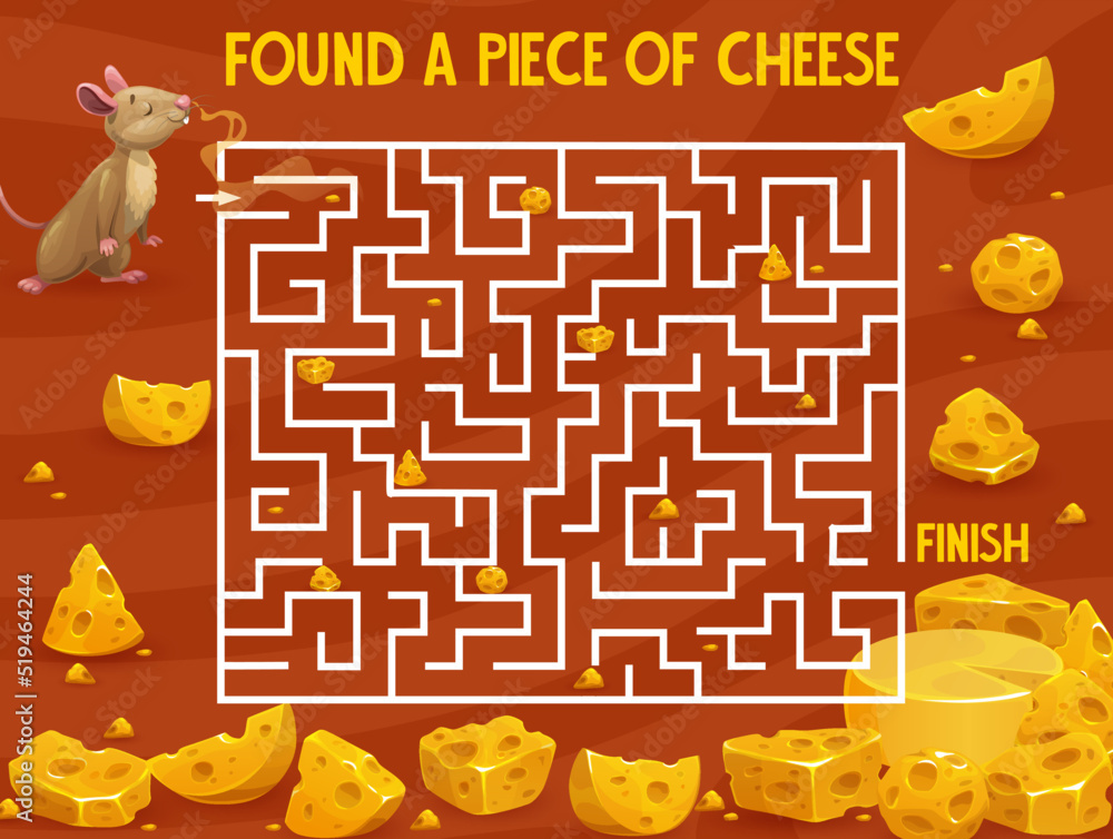 Vetor de Cartoon mouse and cheese, labyrinth maze game to find way or ...