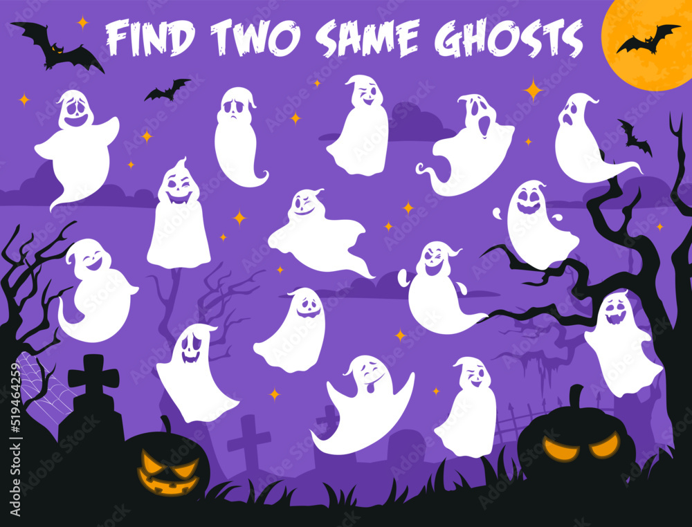 Find two same Halloween ghosts on cemetery, vector game worksheet. Kids ...