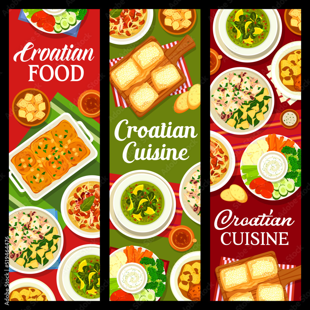 Croatian cuisine banners, food dishes and meals, vector restaurant menu ...