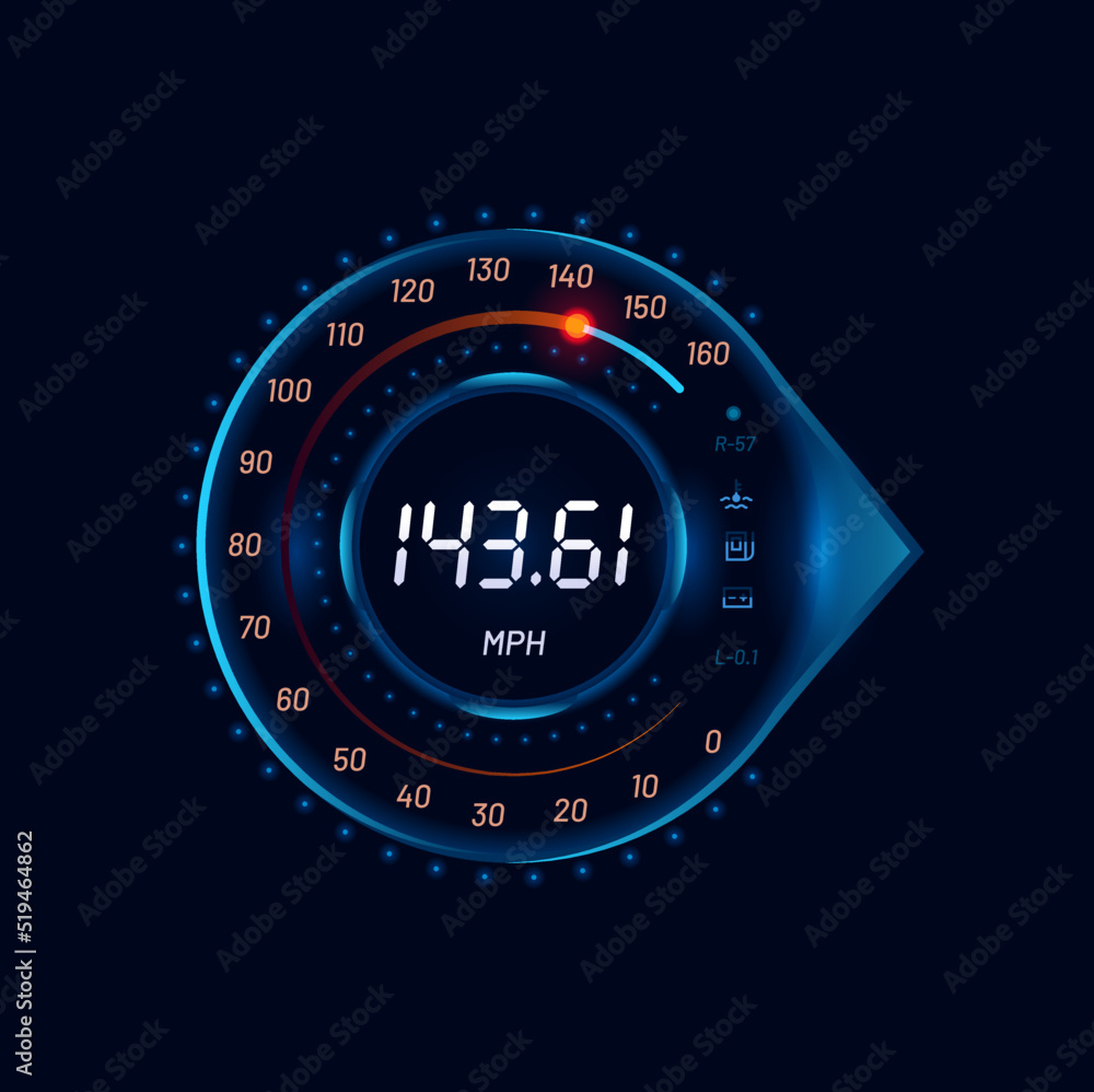 Futuristic car speedometer digital gauge dial. Auto speedometer neon ...