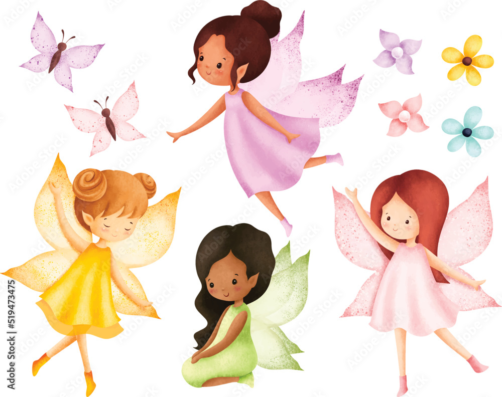 Watercolor Illustration set of Cute Garden Fairy Stock Vector | Adobe Stock