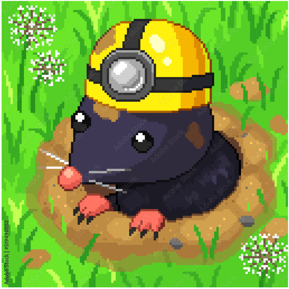 An 8-bit retro-styled pixel-art illustration of a cartoon mole wearing ...