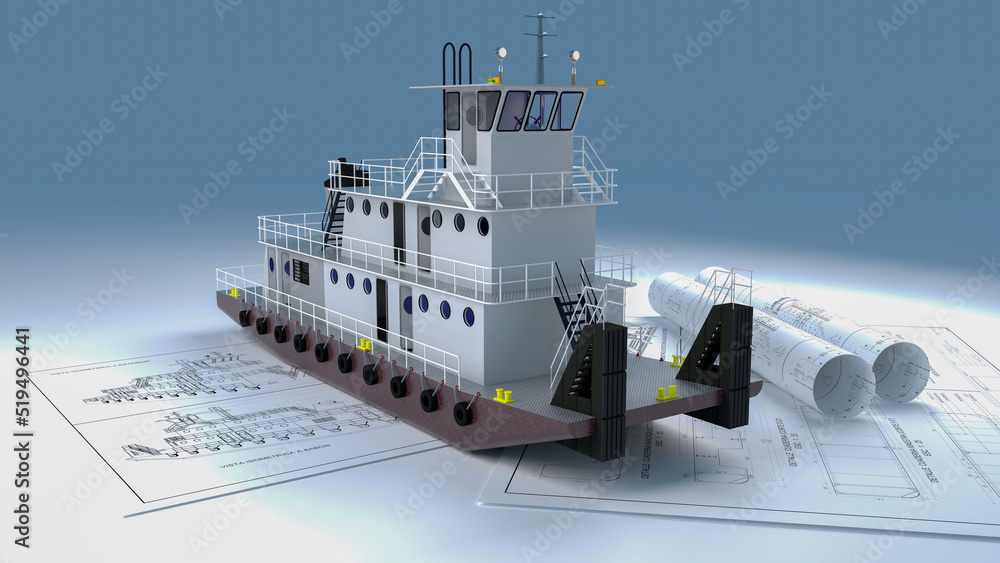 Naval tugboat, tugboat plans, 3d model Stock Illustration | Adobe Stock