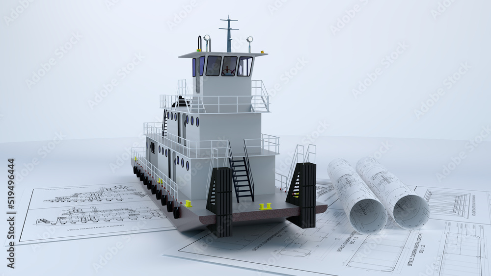 Naval tugboat, tugboat plans, 3d model Stock Illustration | Adobe Stock