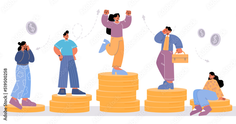 Salary difference concept, people stand on low and high golden coin ... Salary difference concept, people stand on low and high golden coin ...