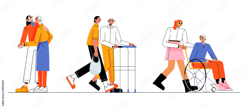 Volunteers helping senior people with disability walk, go shopping ...