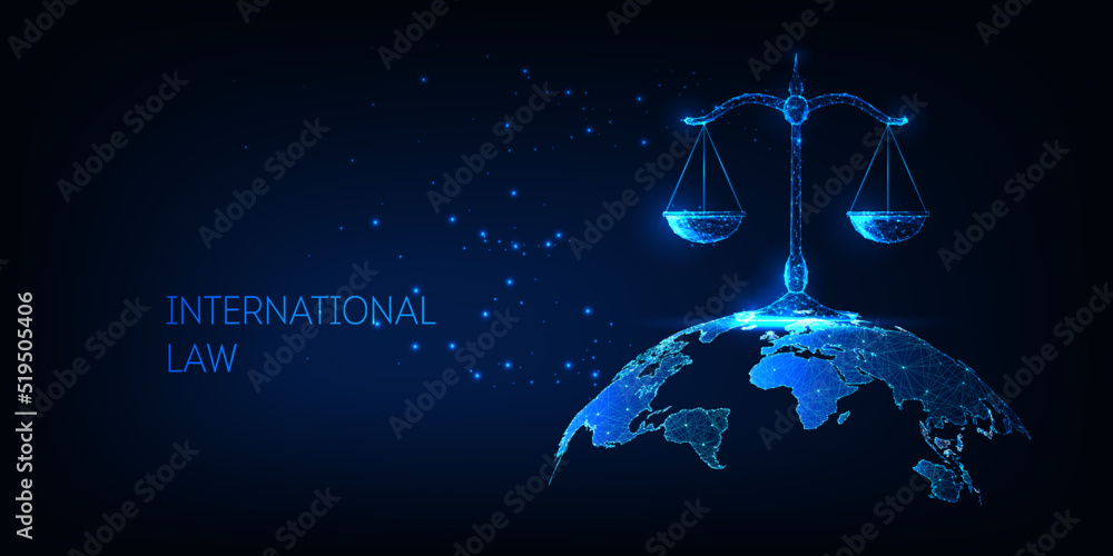 International law concept with scales and Earth map in futuristic ...
