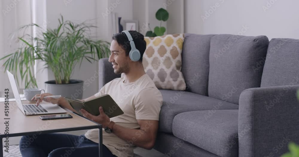 Confident, smart and relaxed digital marketing student learning on his ...