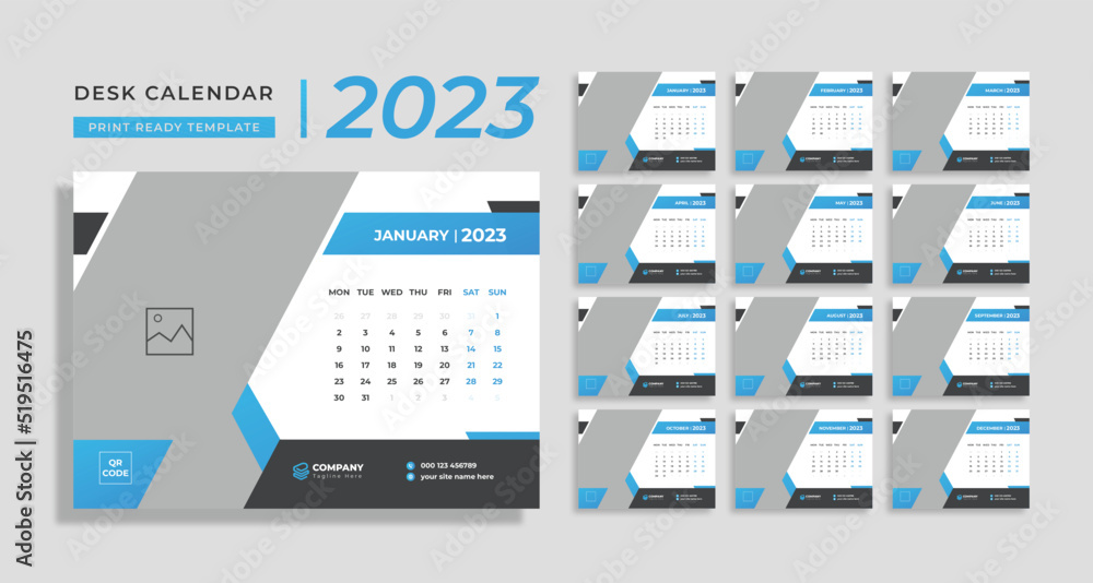 Blue 2023 new year calendar template, Desk Calendar, template vector ...