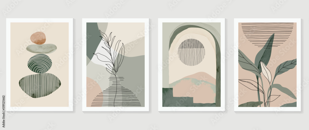 Set of abstract foliage wall art vector. Leaves, organic shapes, green ...
