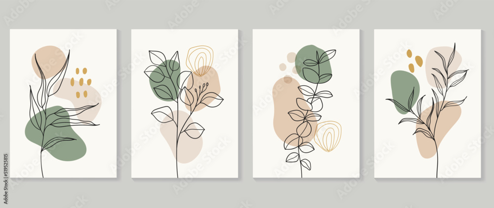 Set of abstract foliage wall art vector. Leaves, organic shapes, earth ...