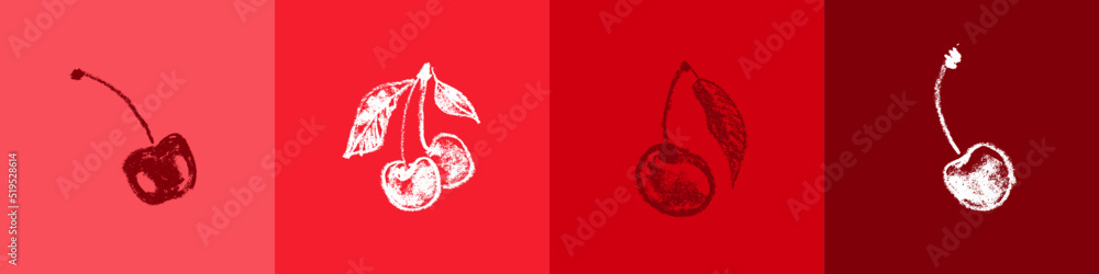 Cherry drawing isolated. Hand drawn fruit sketch. Stencil style icon of ...