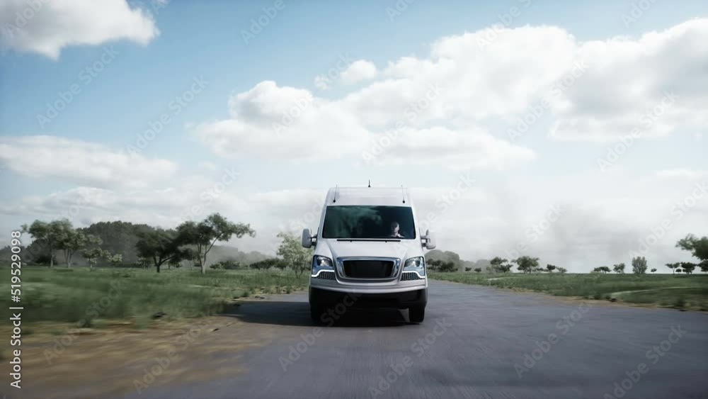 Generic 3d model of delivery van very fast driving on highway. Gas, oil ...