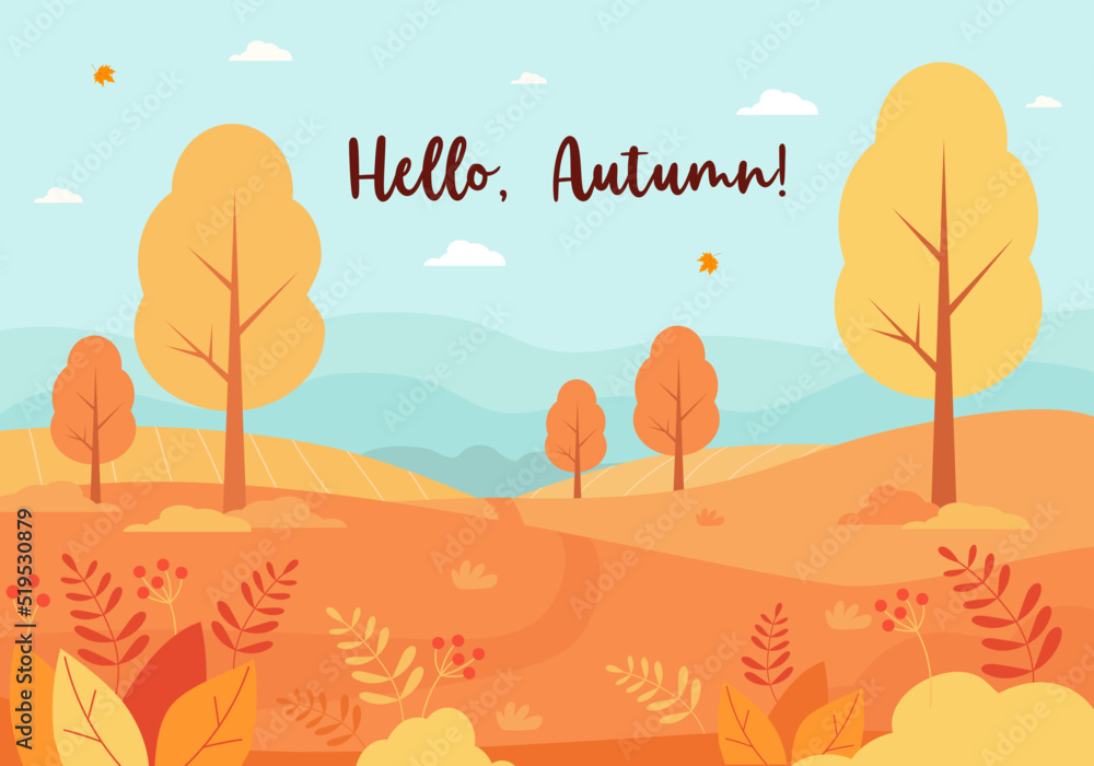 Poster Hello Autumn. Fall nature, park, hills and fields, autumn ...