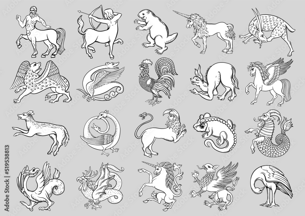 Heraldic mythical animals and creatures. Traditional character styles ...
